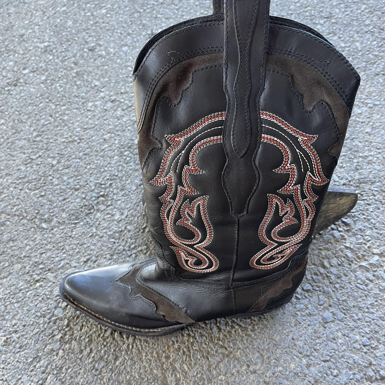 y2k cowboy boots Black leather, with red and white... - Depop