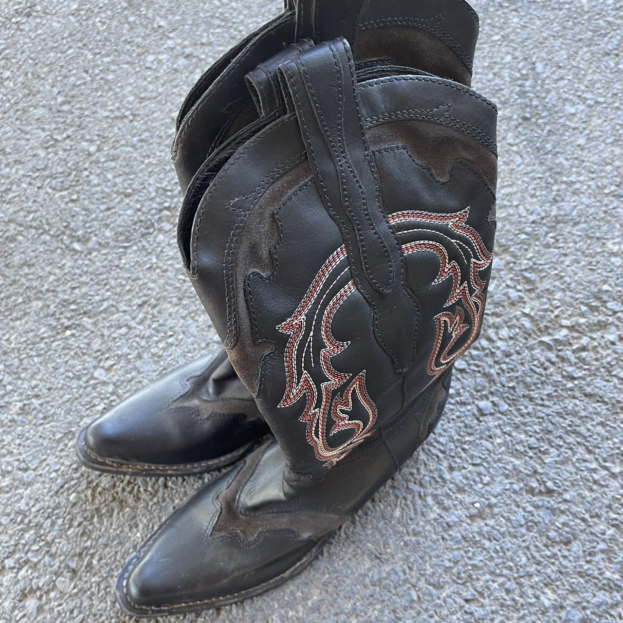 y2k cowboy boots Black leather, with red and white... - Depop