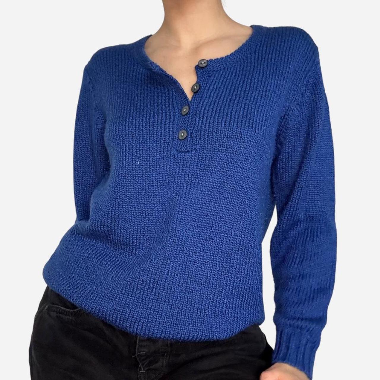 Blue knitted Henley sweater with buttons from... - Depop