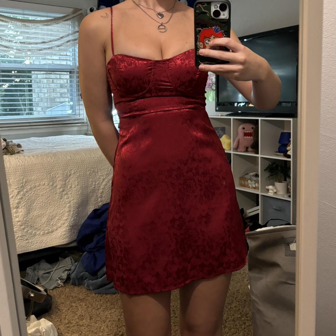 Super cute dark red silk floral mini dress from... - Depop