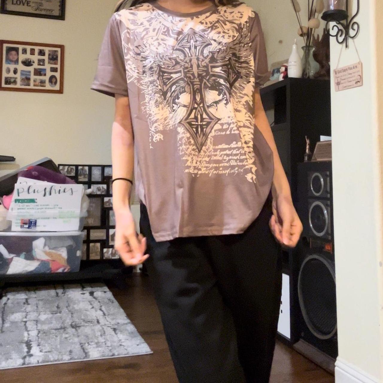 Vintage Cross Print Tee chest: 15 in waist: 20.5... - Depop