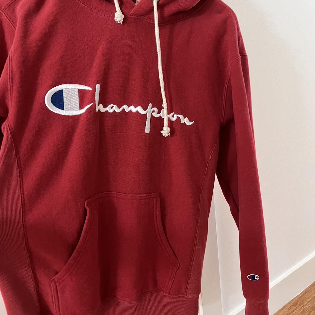 small red champion hoodie, super heavy and warm - Depop