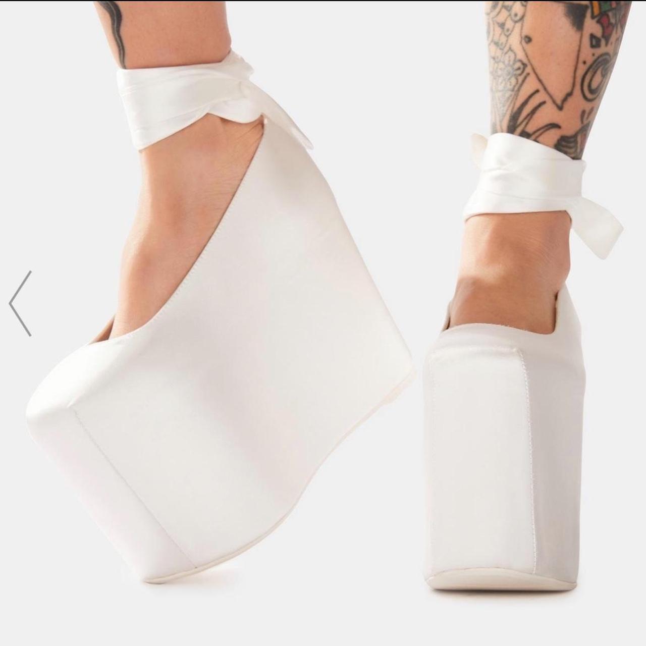YRU Ballet Bae White Satin Platform Shoes ribbon... - Depop