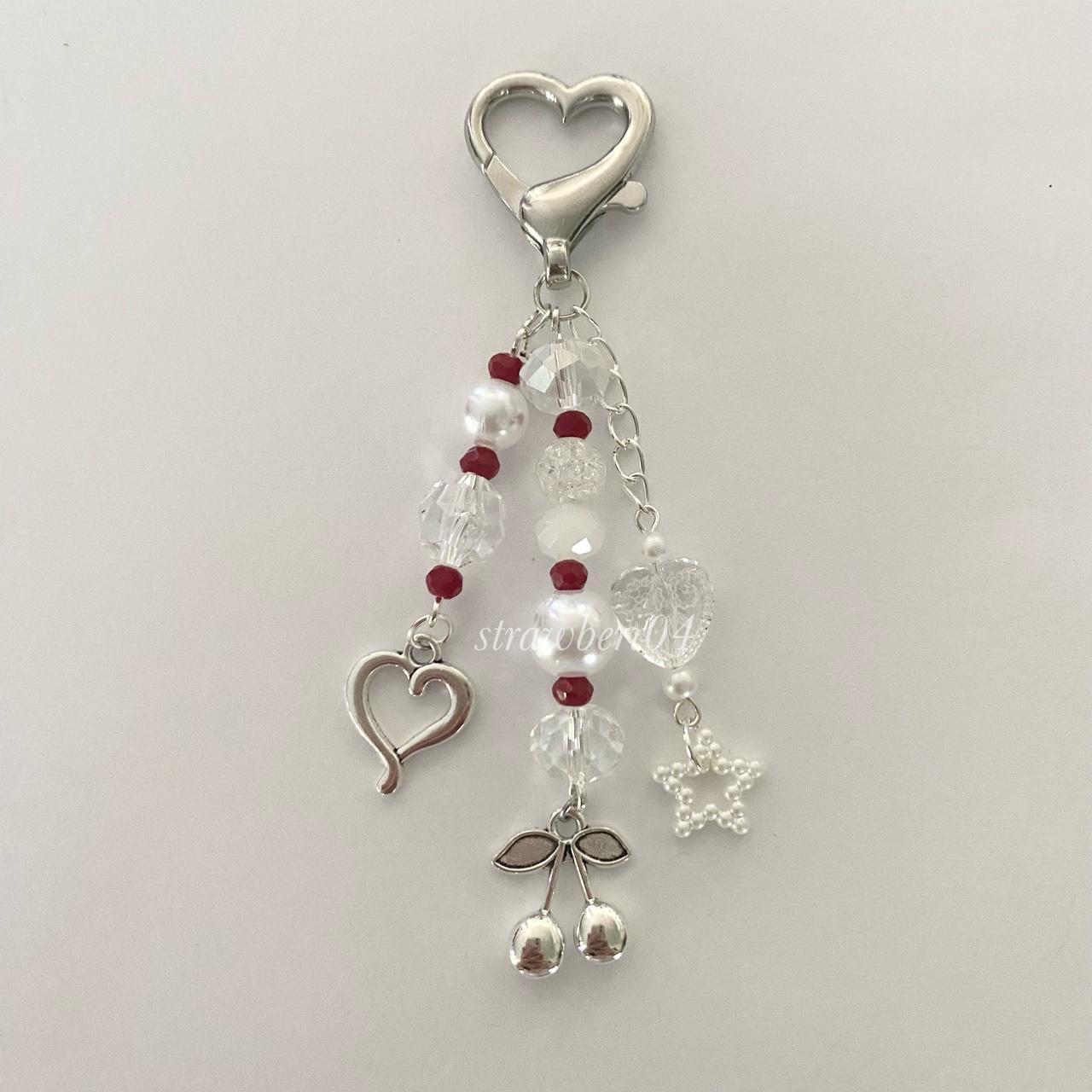 white & red beaded keychain w cherry, heart and star... - Depop