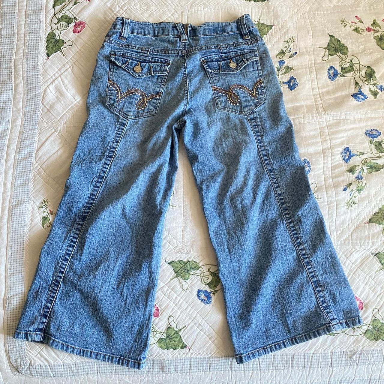 2000s low rise flared capri jeans with rhinestones... | Depop