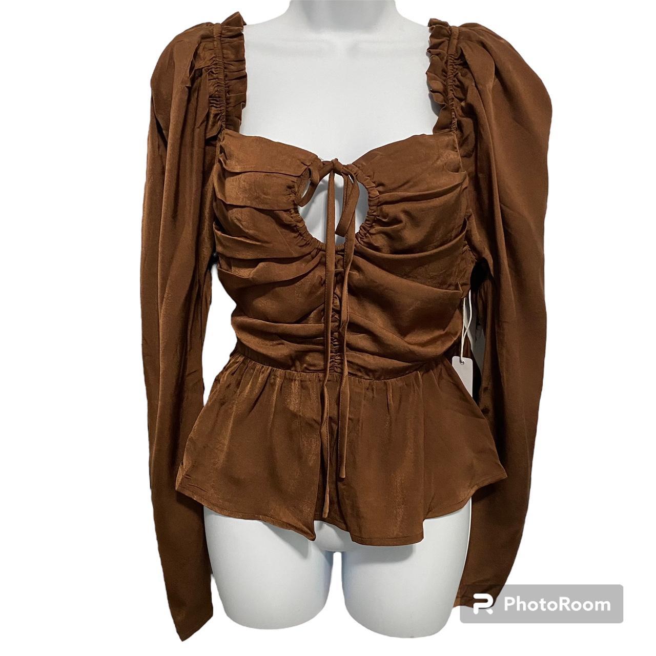 NWT Six Fifty The Ruby Blouse Brown Peplum Long... - Depop