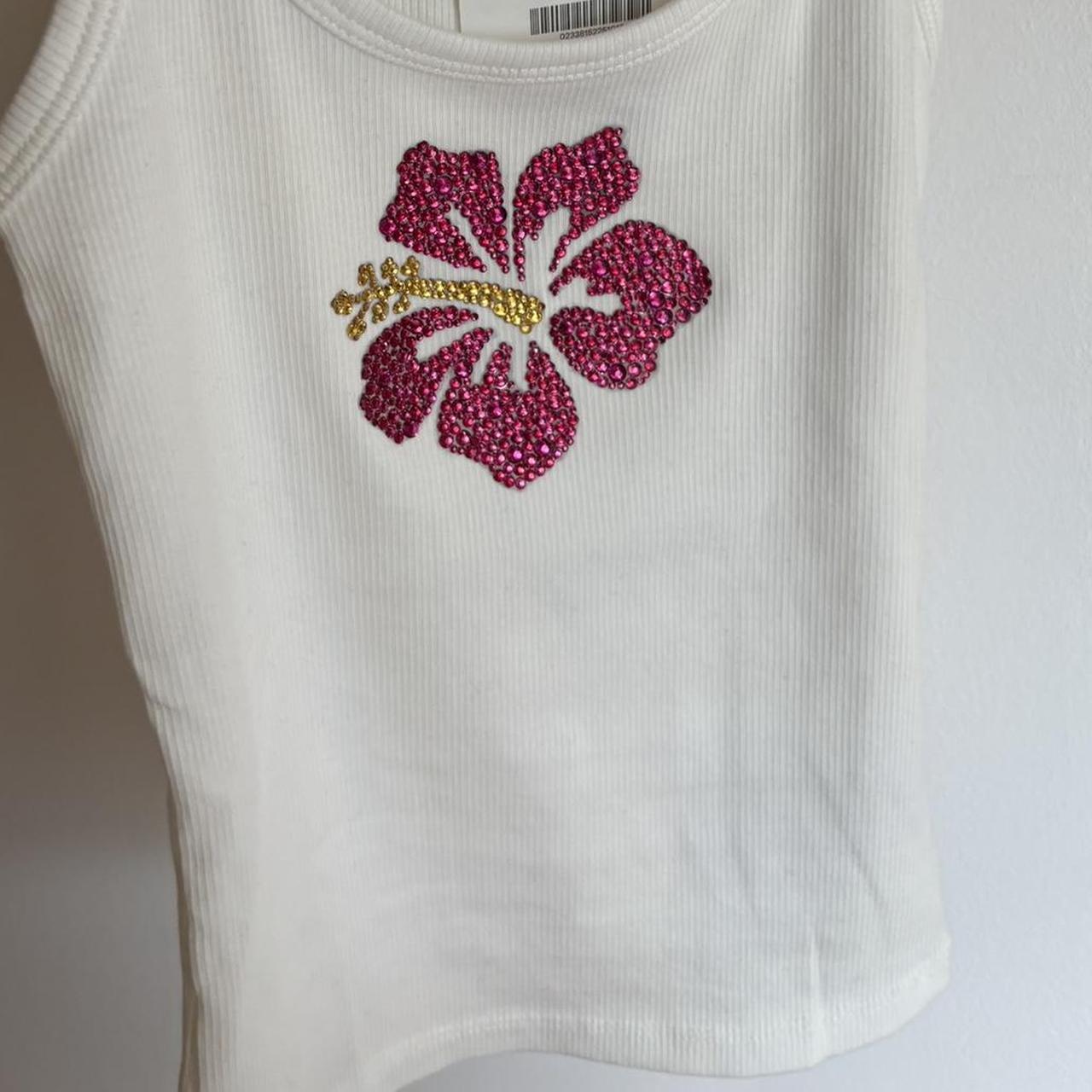 White pink and gold hibiscus rhinestone tank top CAN... | Depop