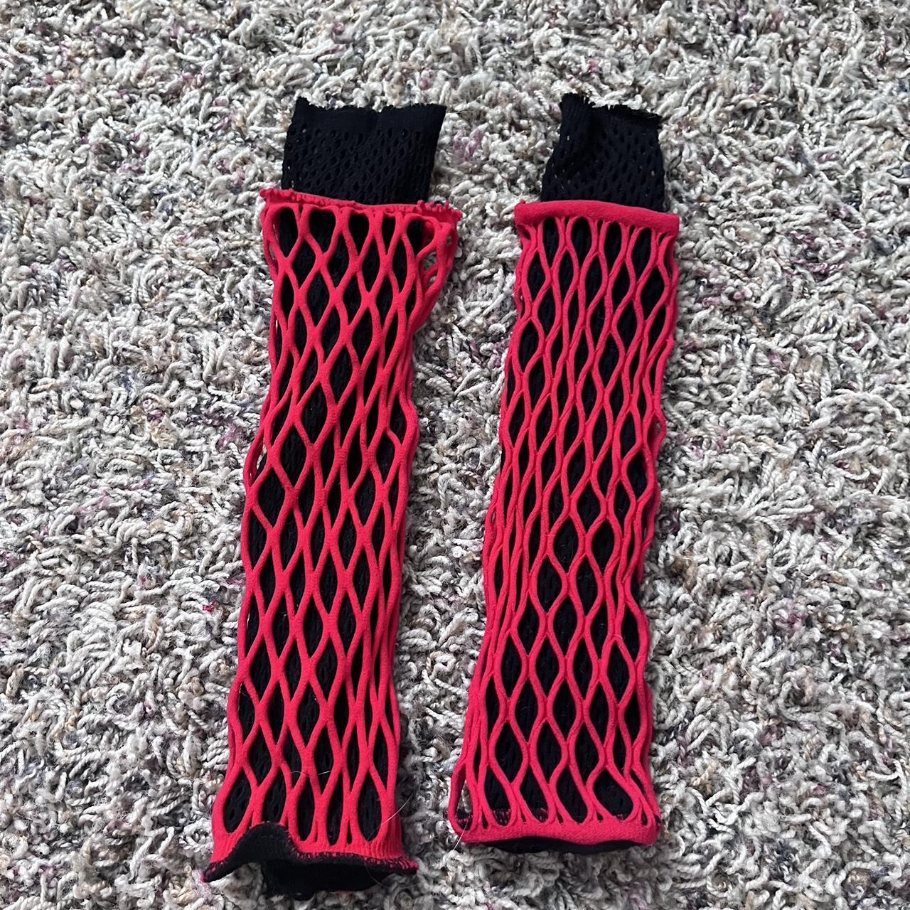 red and black fishnet gloves one size fits all emo... - Depop