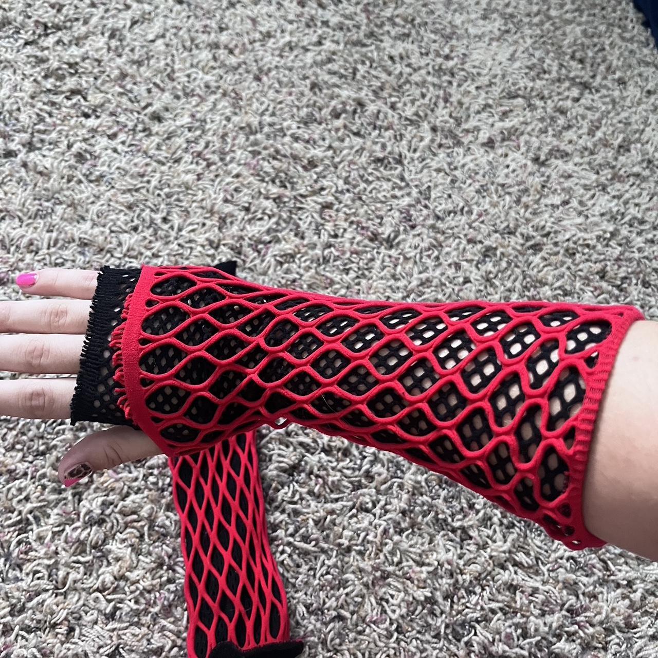 red and black fishnet gloves one size fits all emo... - Depop