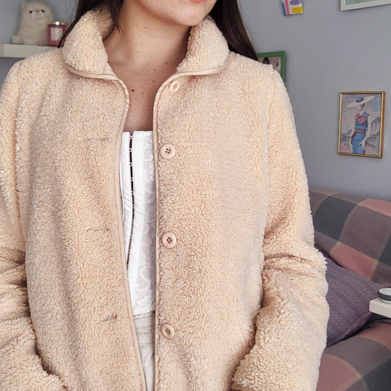 Cream teddy bear jacket. Features fluffy fabric with... - Depop