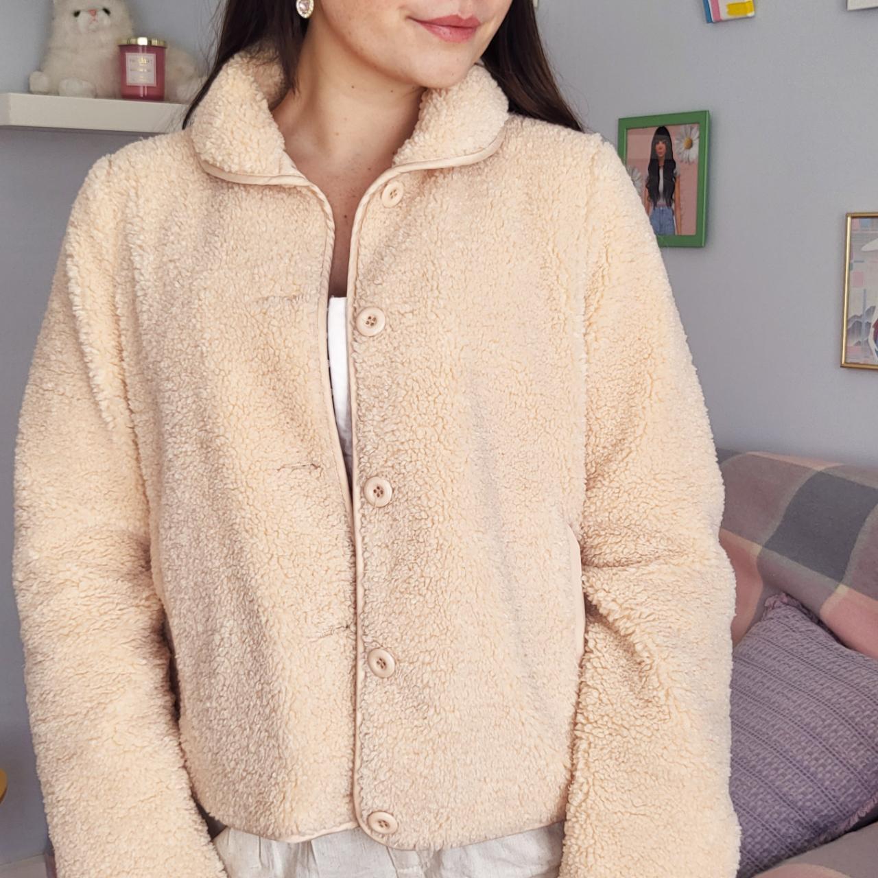 Cream teddy bear jacket. Features fluffy fabric with... - Depop