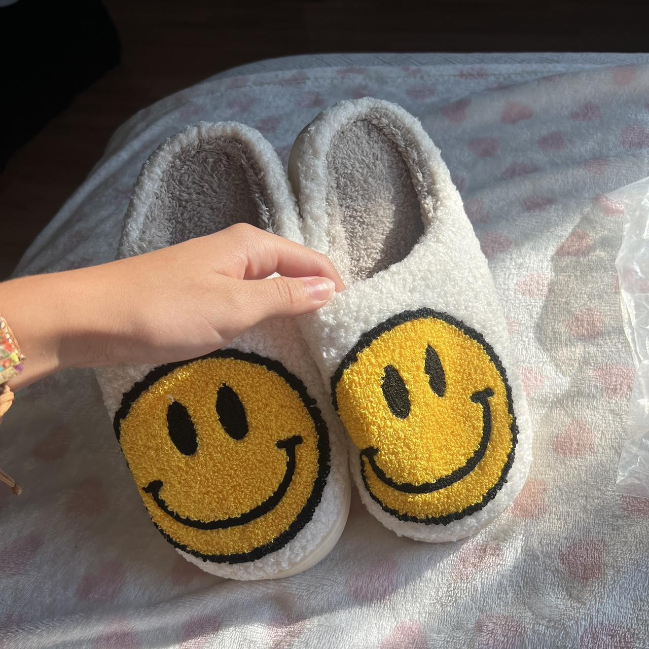 Fluffy yellow smiley face slides/ slippers 🙂 NEVER... - Depop