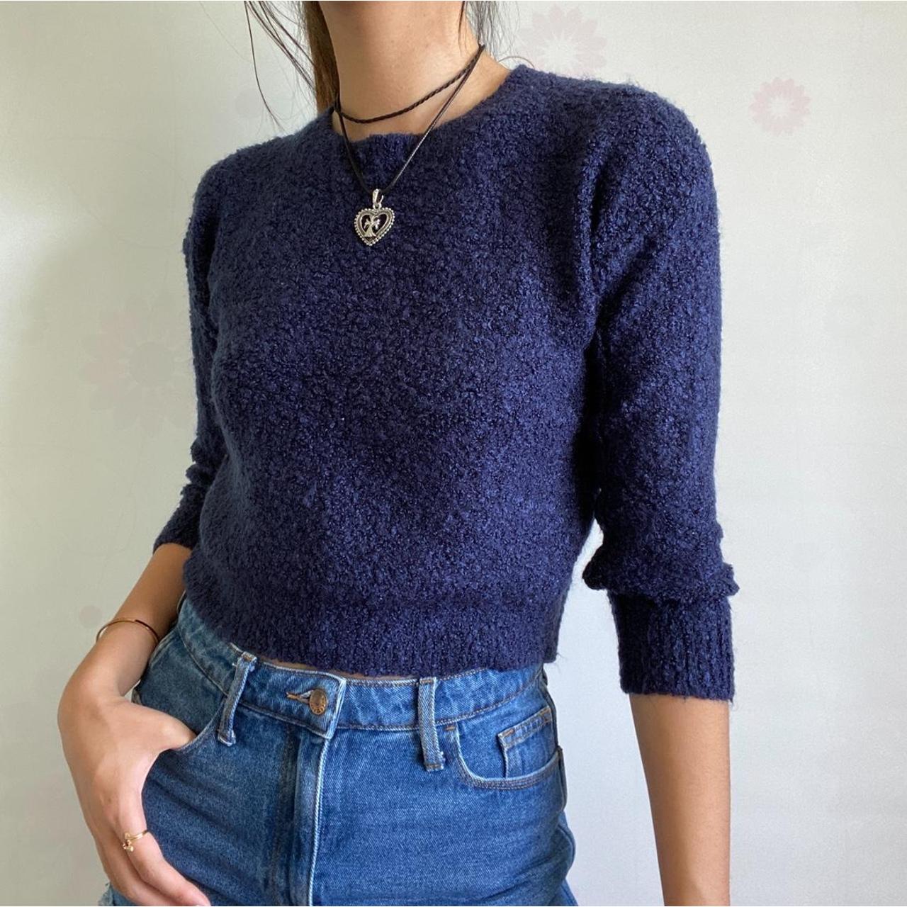 fuzzy and soft dark blue sweater super cute cropped... - Depop