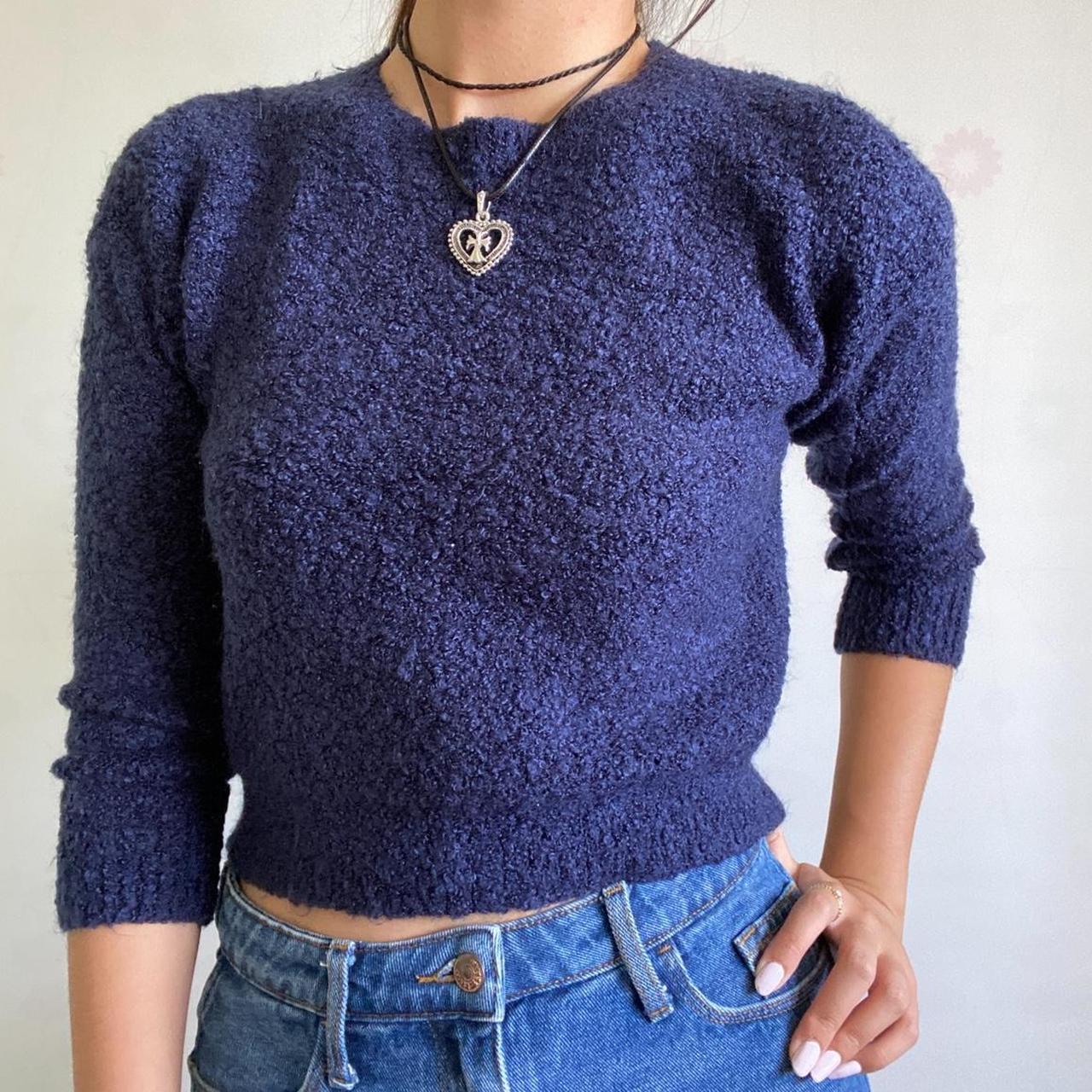 fuzzy and soft dark blue sweater super cute cropped... - Depop