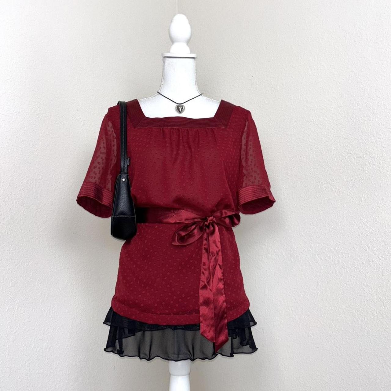 Vintage 2000s red satin trim square neck line... | Depop