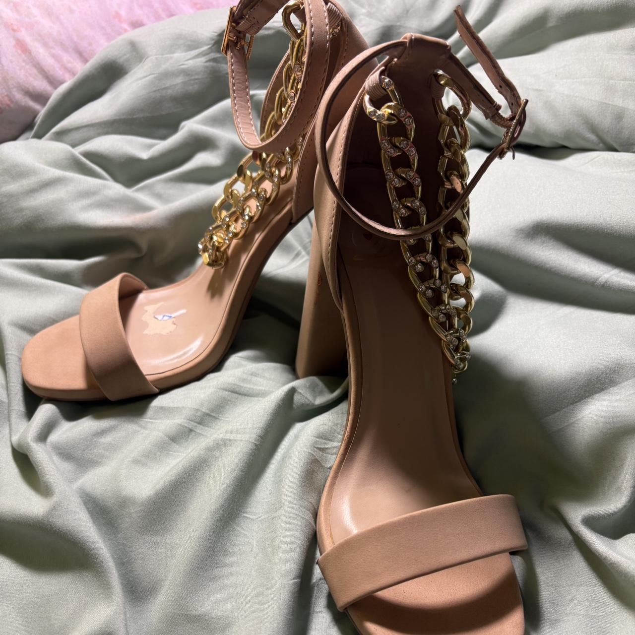Tan and gold high heels with a anklet like chain,... | Depop