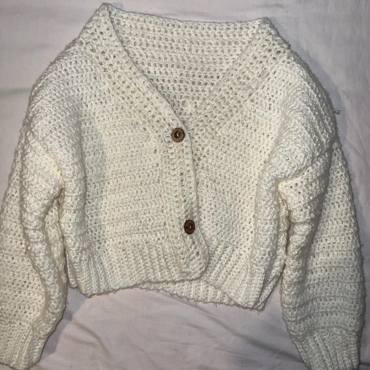 Hand Knitted White Cropped Cardigan Really... - Depop