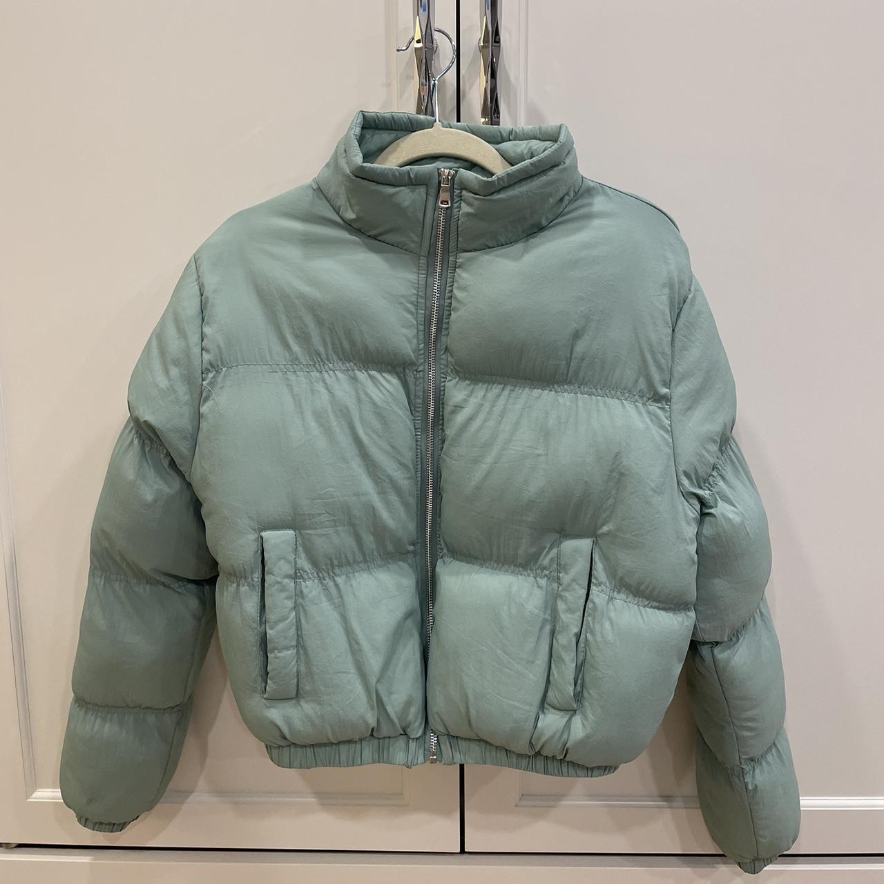 super cute aquamarine puffer jacket!! size m but... - Depop