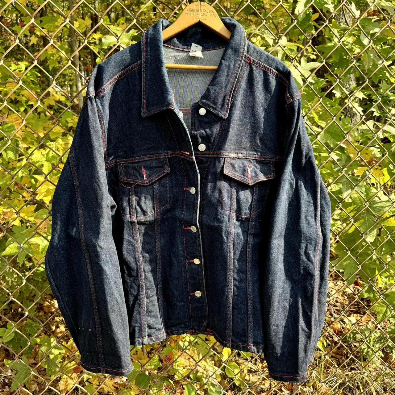 Vintage 90s Denim Jean Jacket w/ red stitching... - Depop