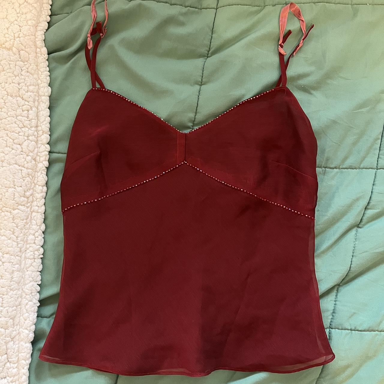 VINTAGE dark red mesh tank top with glittery beads,... - Depop