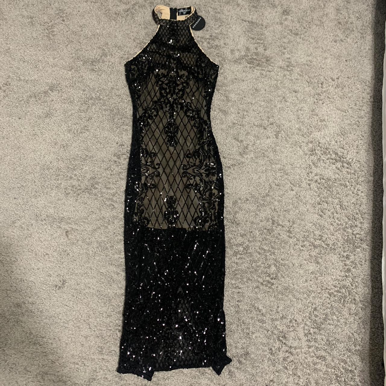 black sequin patterned formal dress prom dress new... - Depop