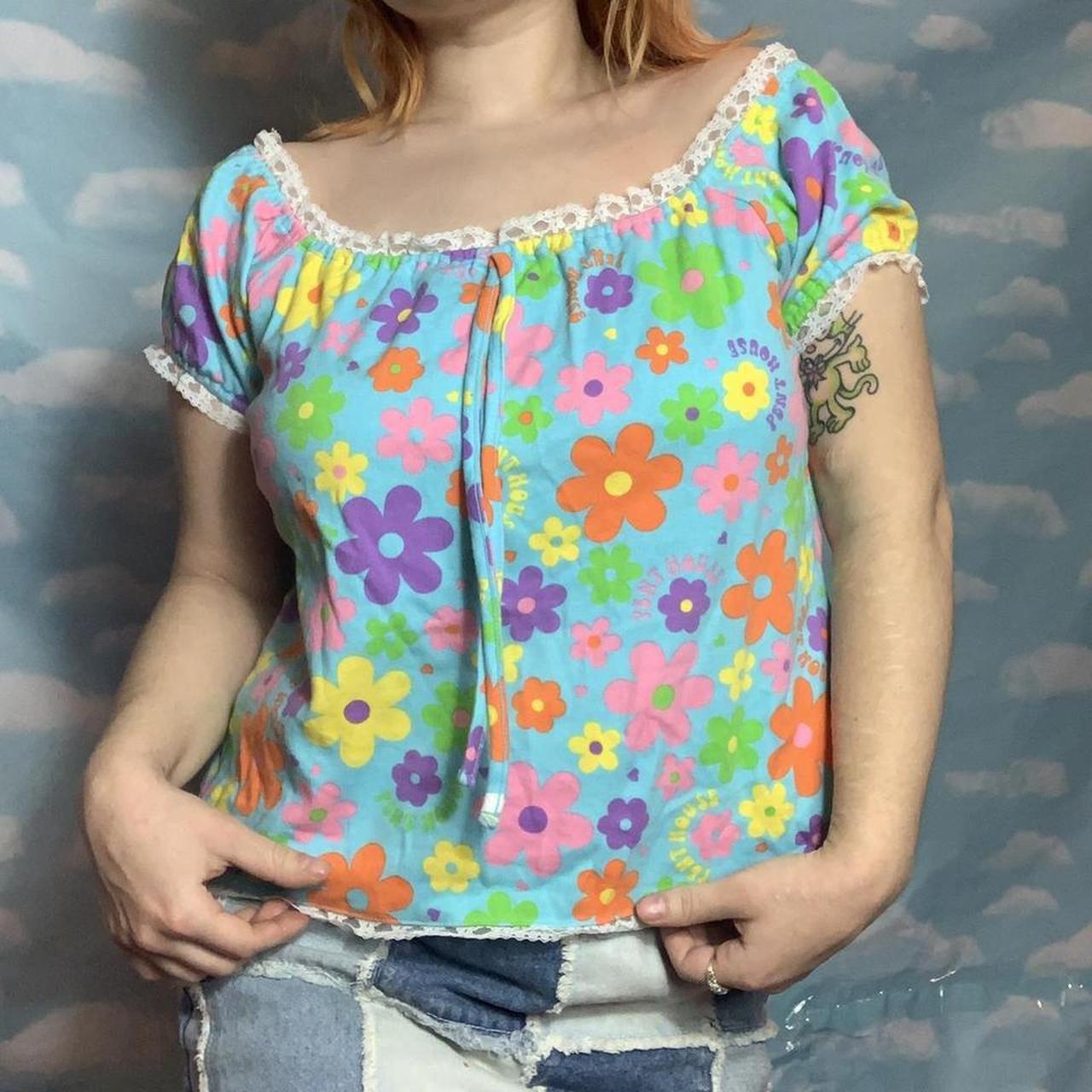 Incredible 2000s neon flower power top by Japanese... - Depop