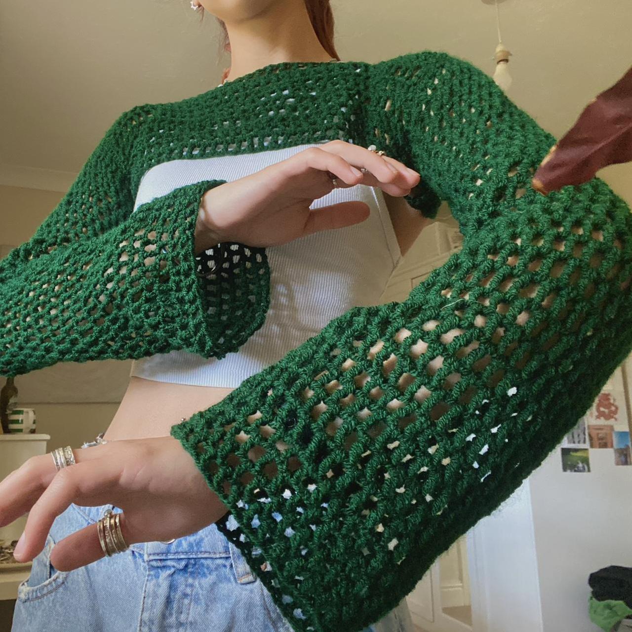 Handmade crochet deep forest green shrug with flared... - Depop