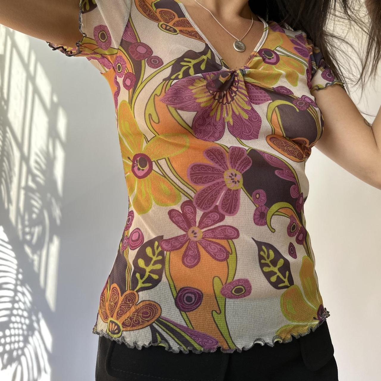 Vintage colorful floral print mesh short sleeve top.... - Depop