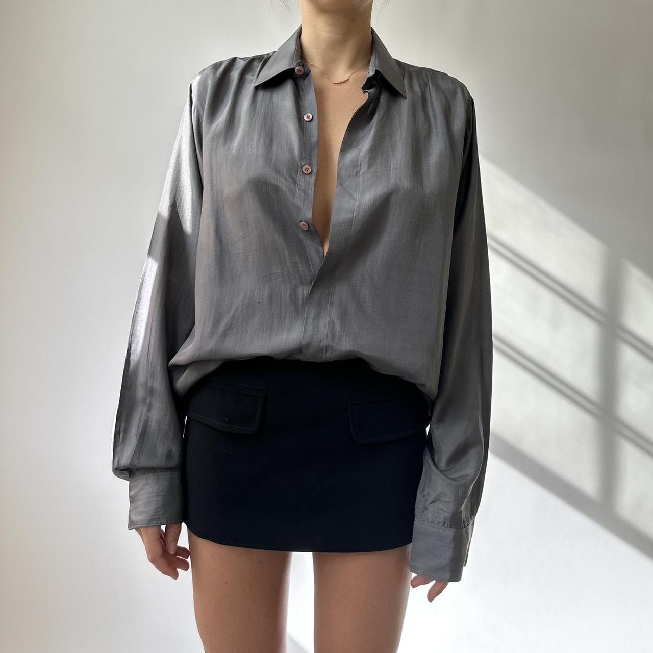 Vintage Grey silk long sleeve shirt Dark grey... - Depop