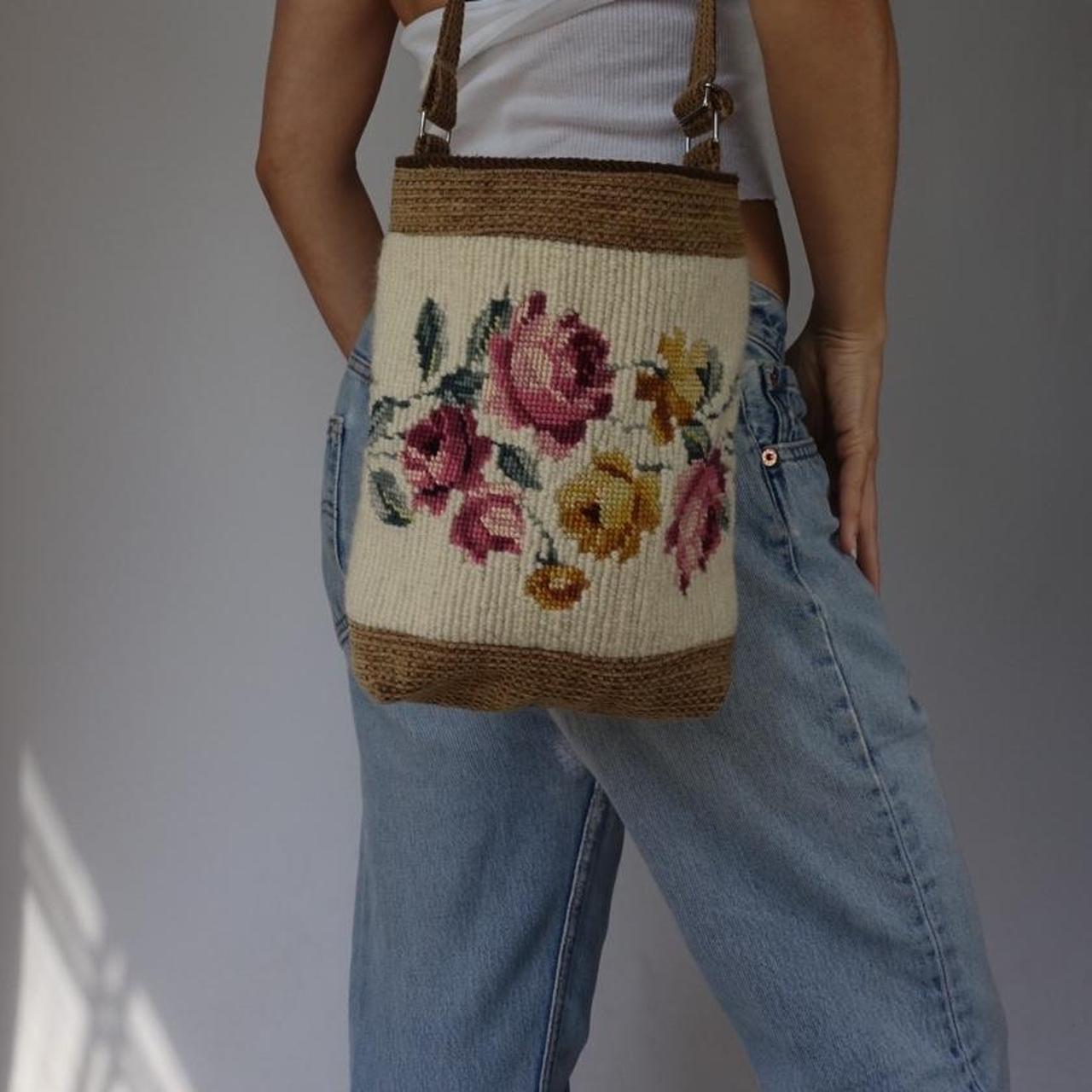 Vintage floral knit bucket bag Super cute... | Depop