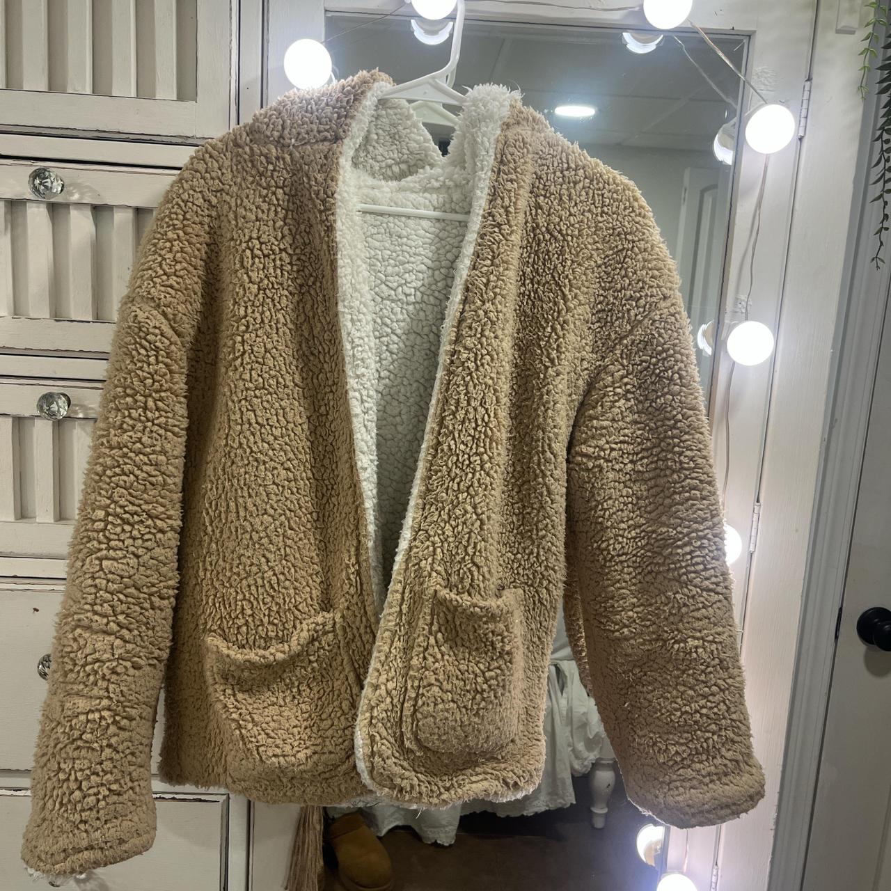 Brown and cream fuzzy teddy jacket size small... | Depop