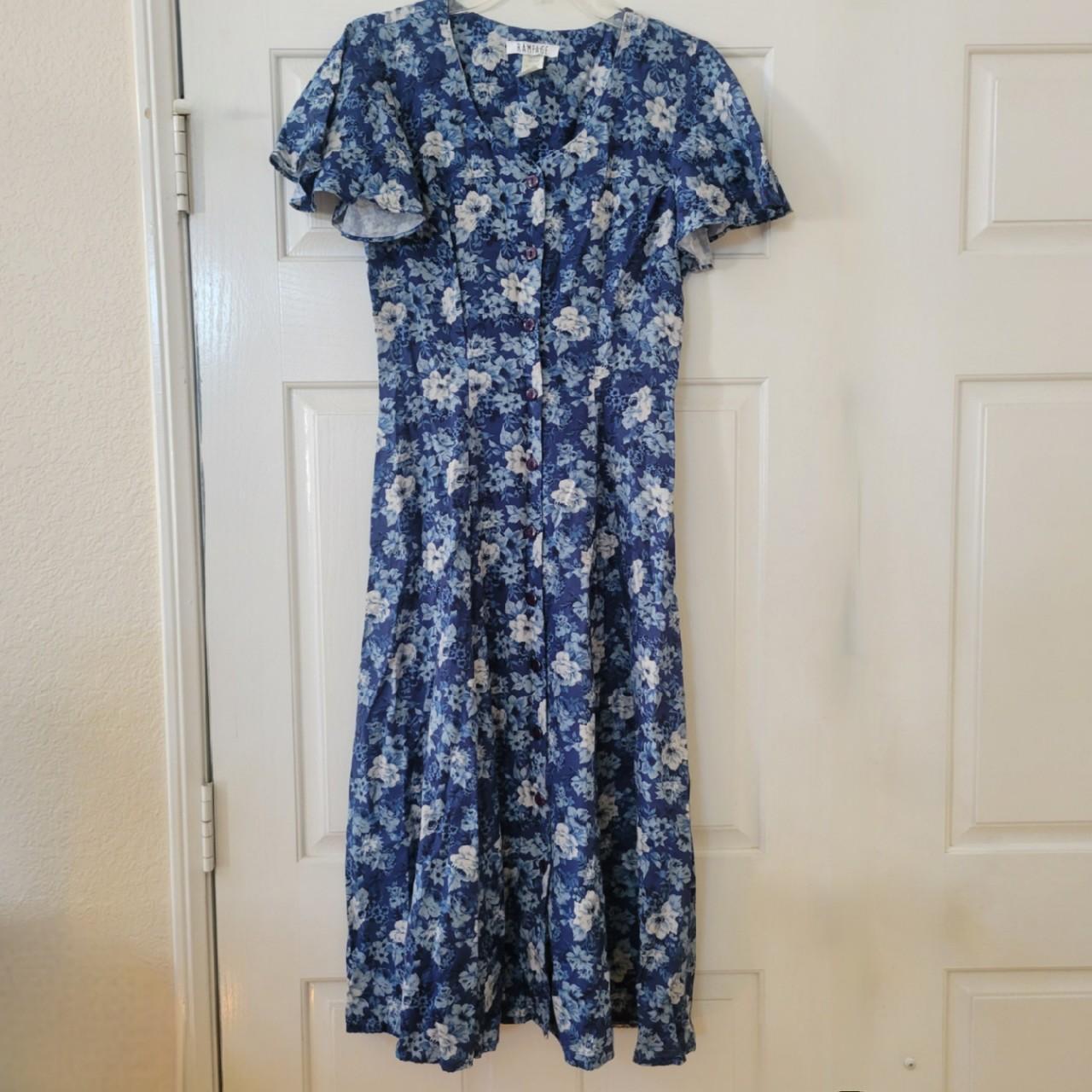 Vintage 1990s RAMPAGE Dress. Blue / White Floqers... - Depop