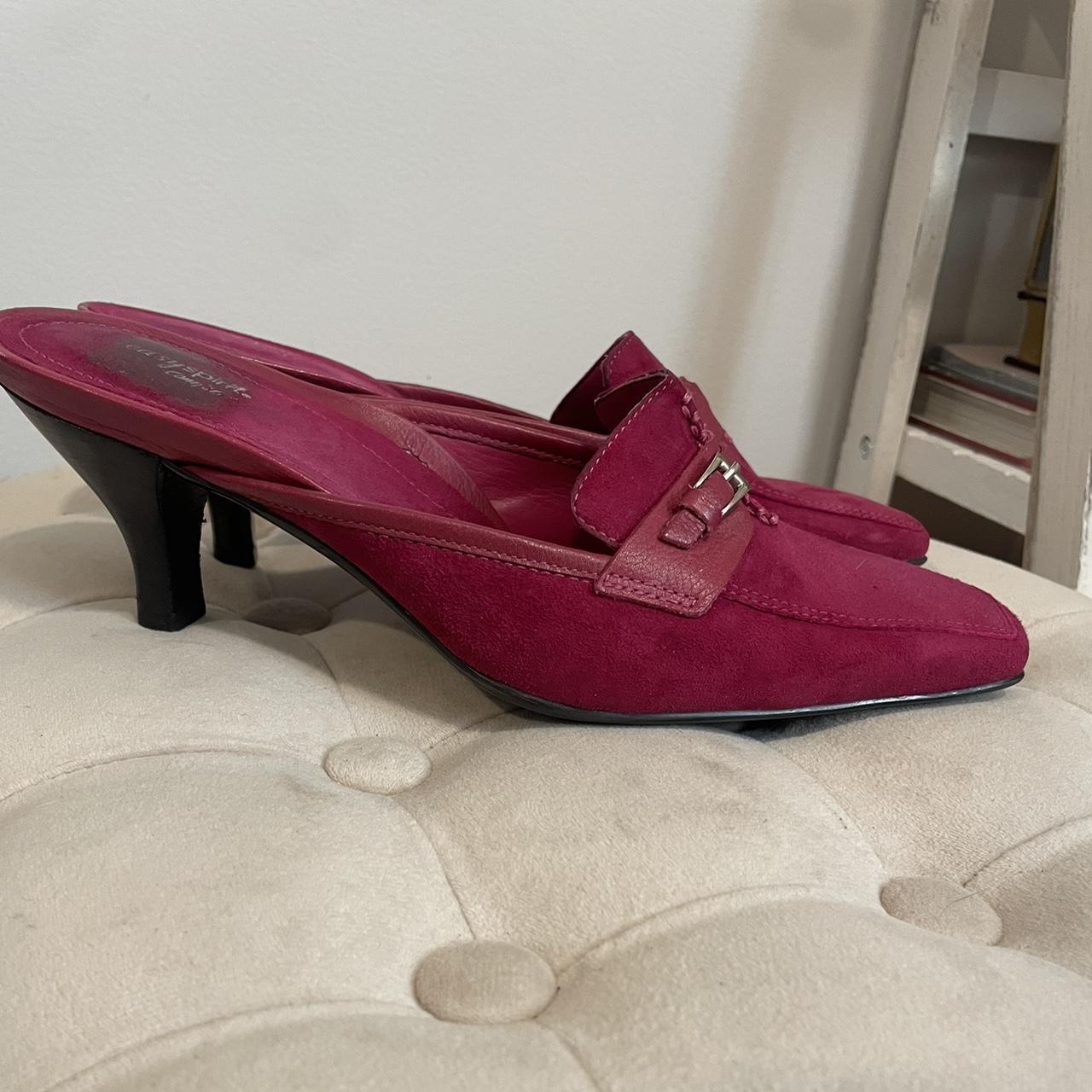 Hot pink mules with kitten heel Some peeling on the... - Depop