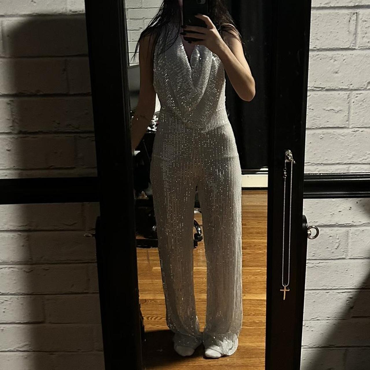 disco jumpsuit, sparkly silver sequins #disco... - Depop