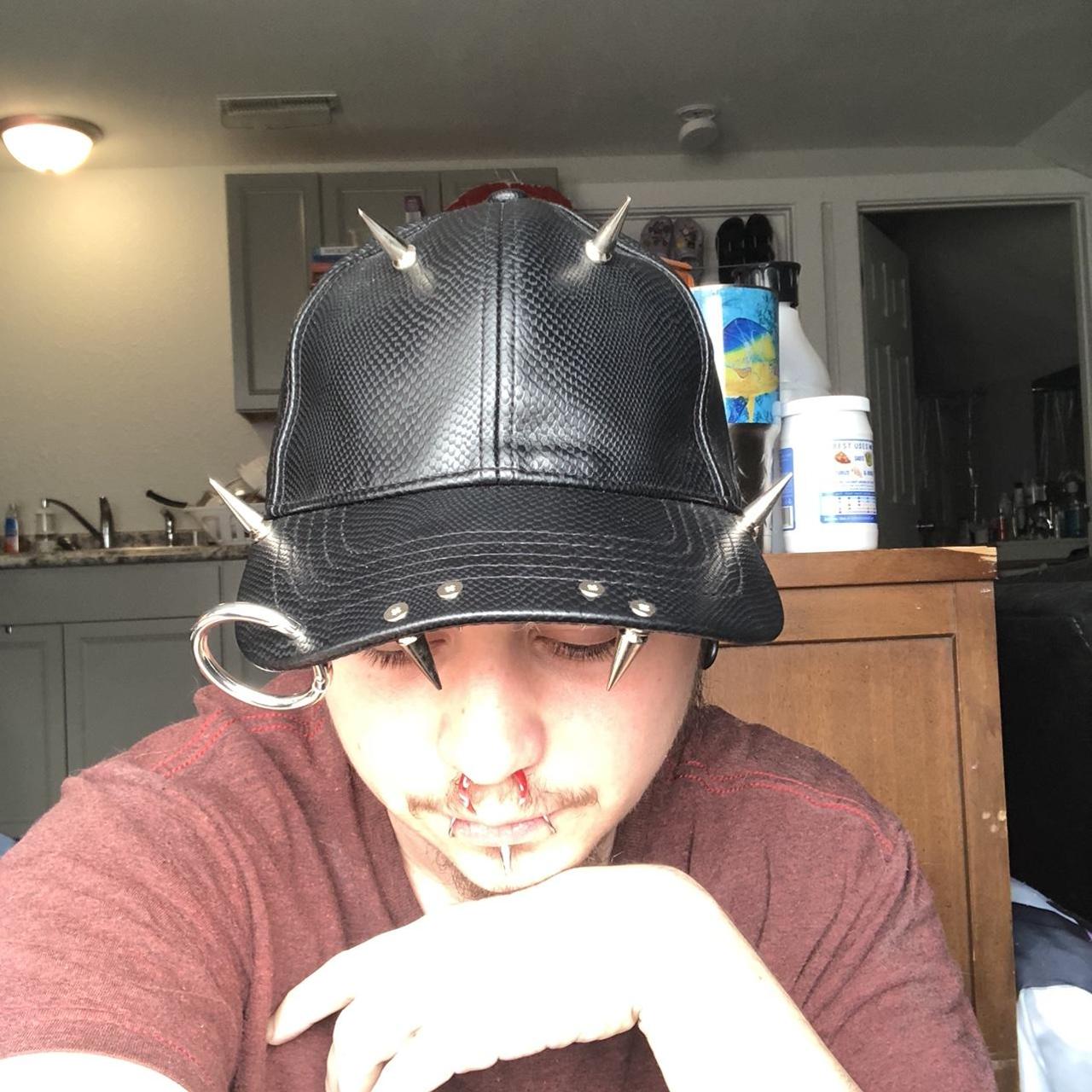 Black faux leather spiked hat with ring - Depop