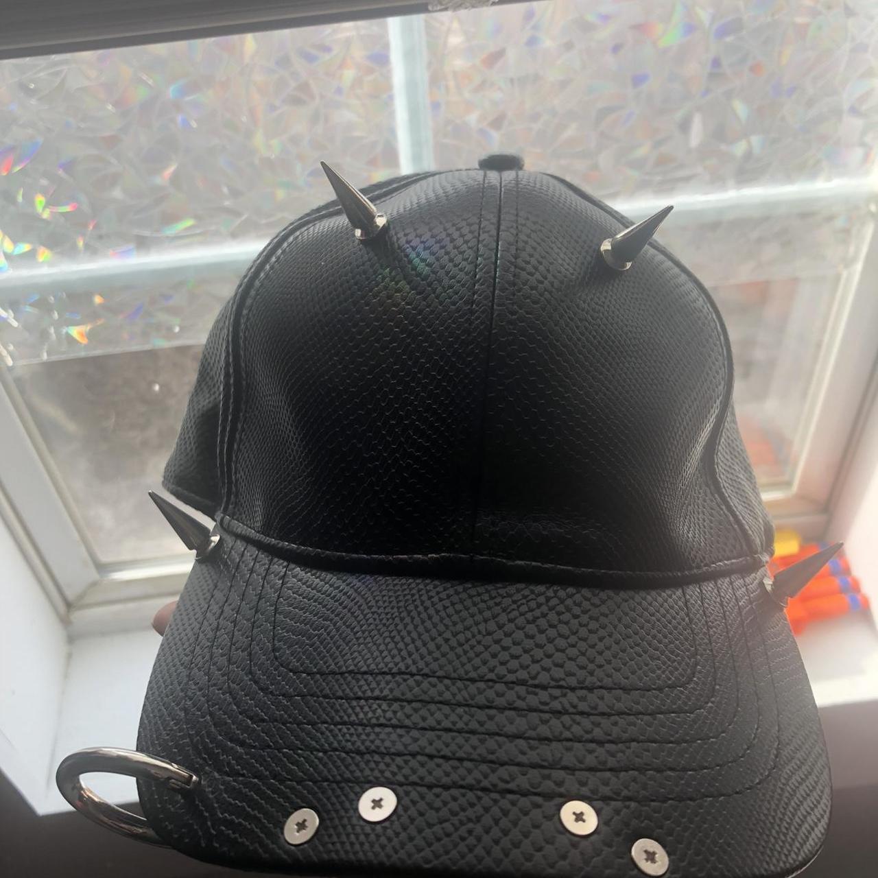 Black faux leather spiked hat with ring - Depop