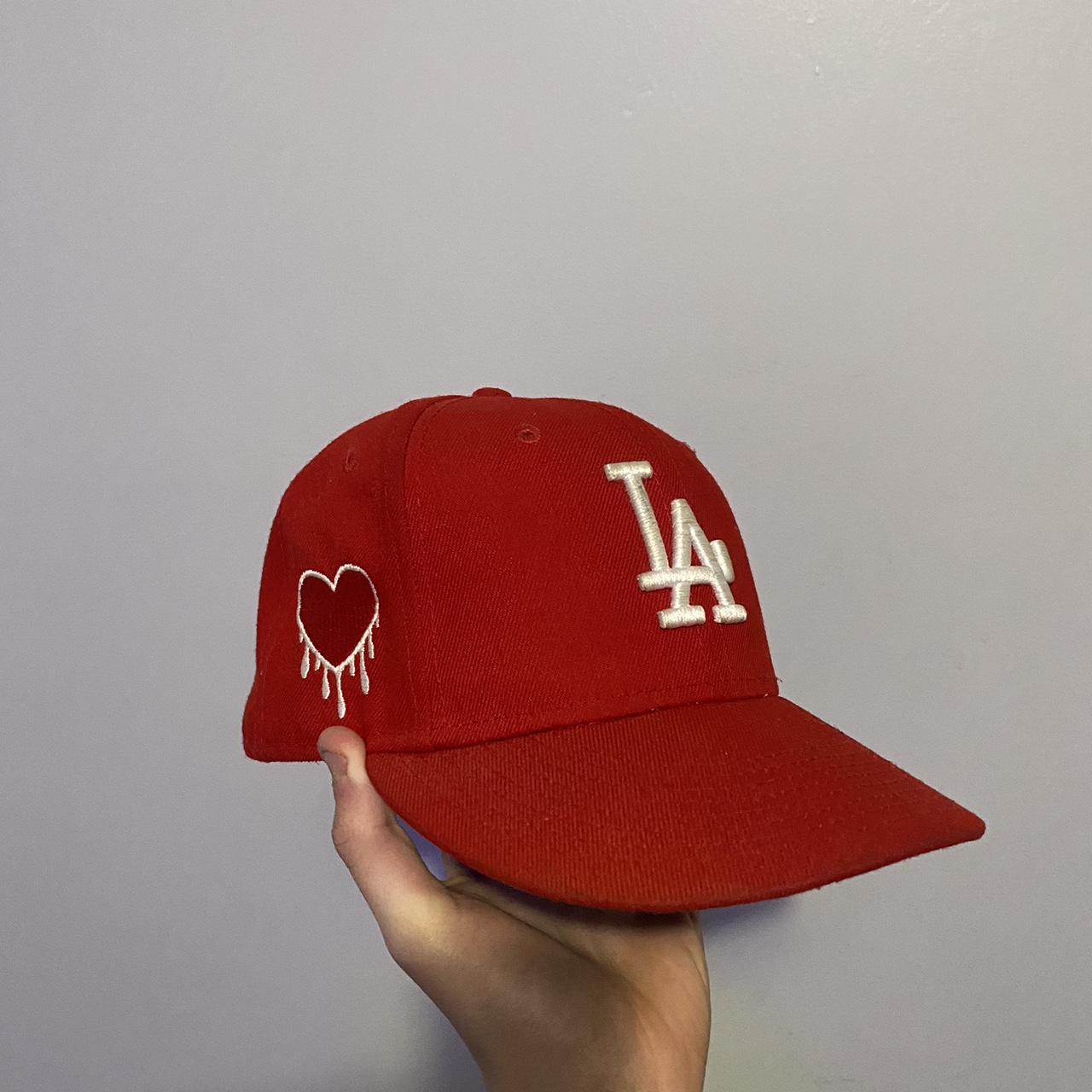-Red dodger LA hat with heart emblem -Size 7... - Depop