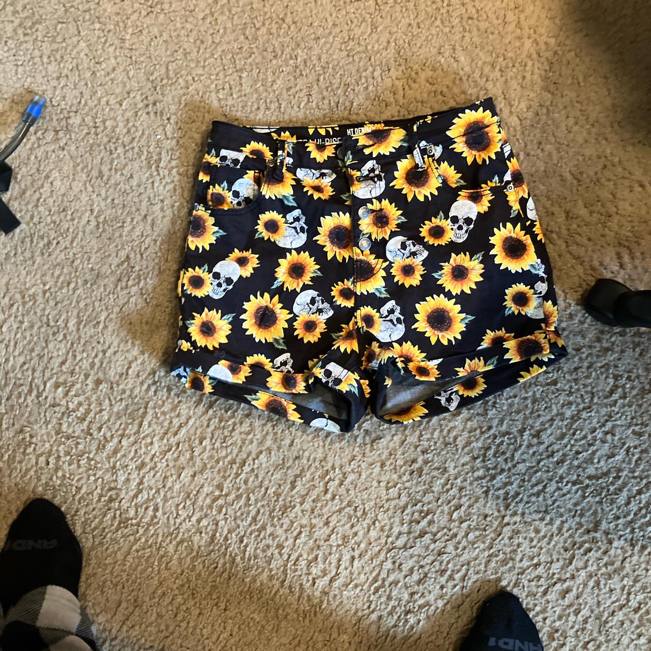 Ultra high-rise skull and sunflower shorts from hot... | Depop