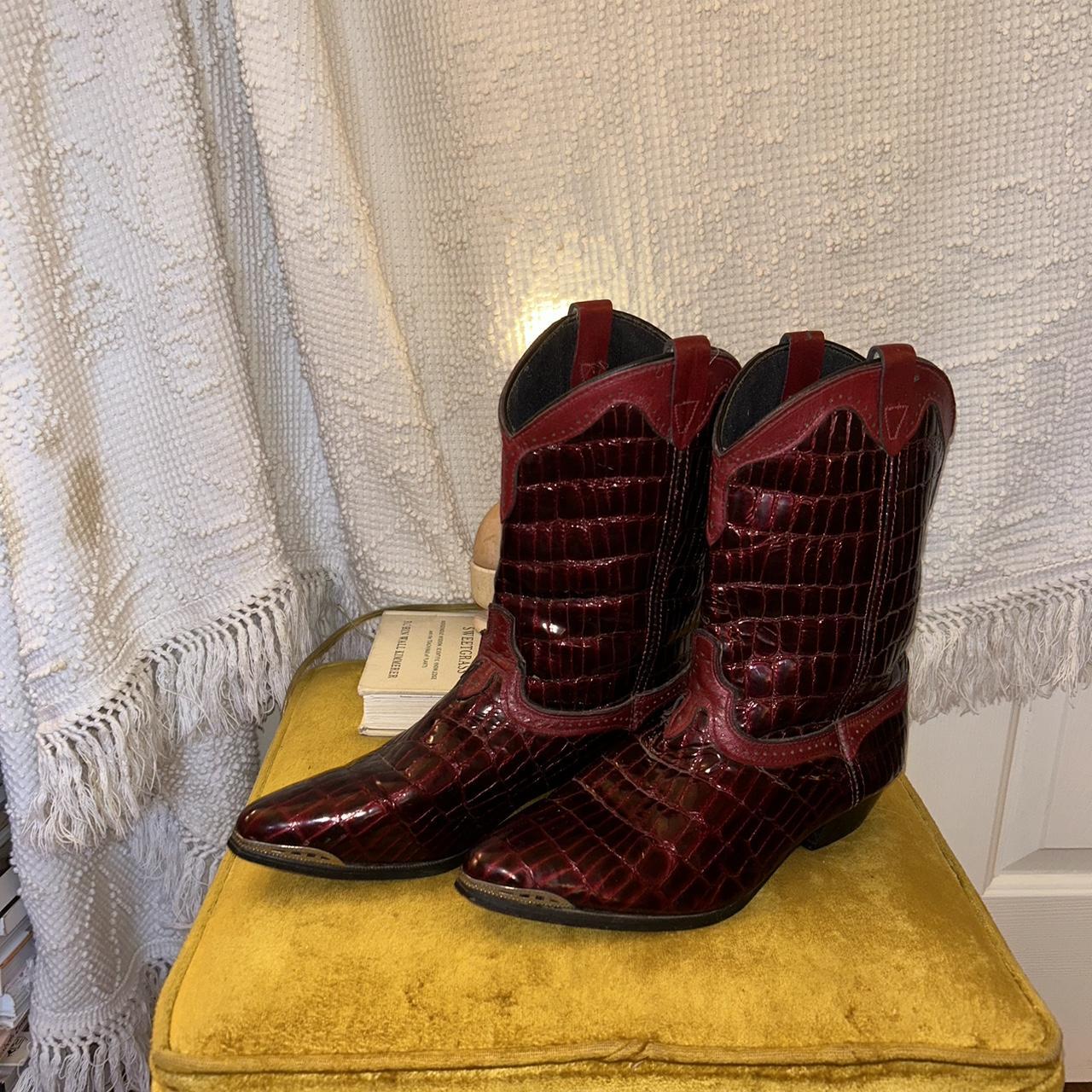 Red shiny croc leather cowboy boots low calf size... - Depop