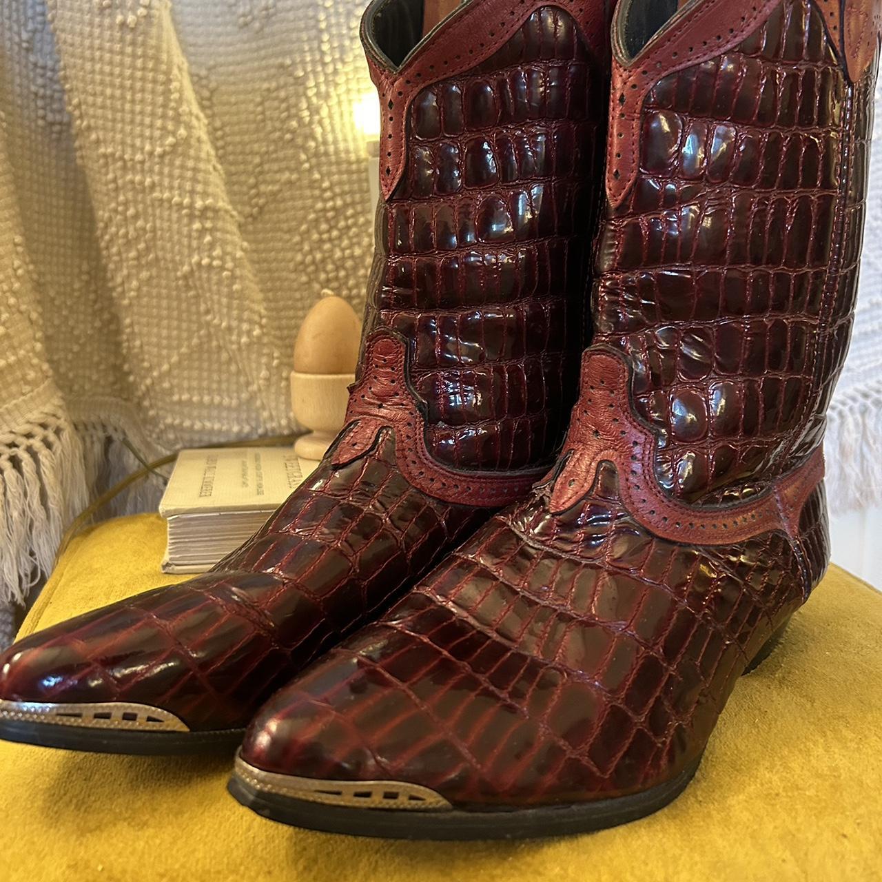 Red shiny croc leather cowboy boots low calf size... - Depop
