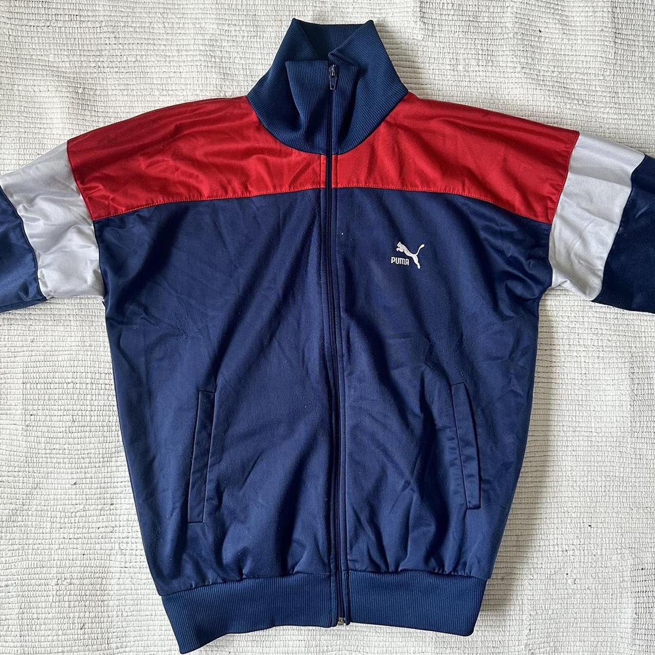 Puma Blue, Red and White Zip Up Jacket Size... - Depop