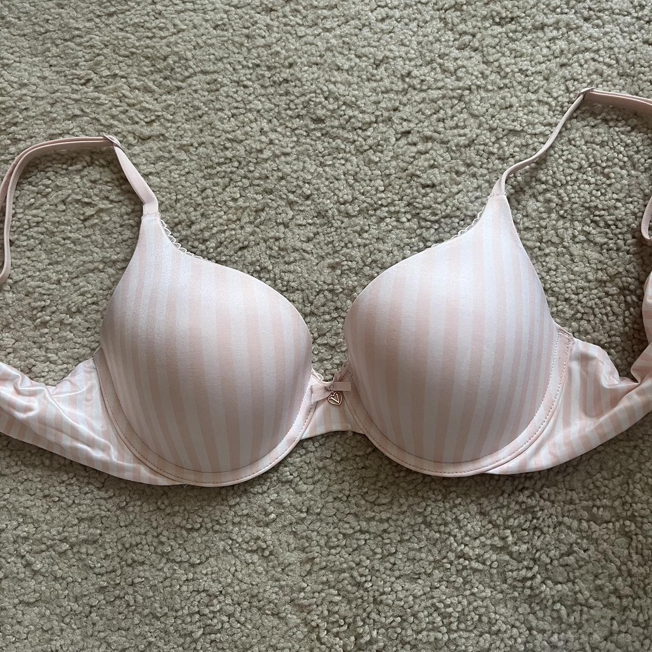 victorias secret pink and white iconic stripe bra... - Depop
