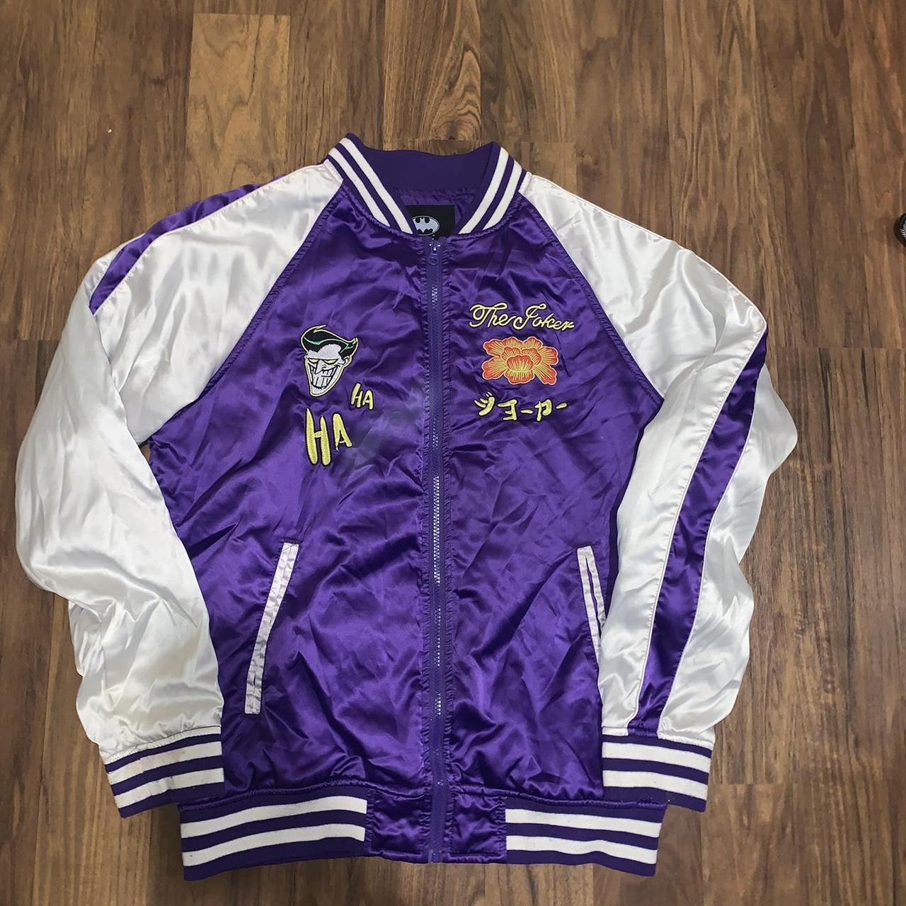 Joker satin letterman jacket worn maybe once size Large - Depop