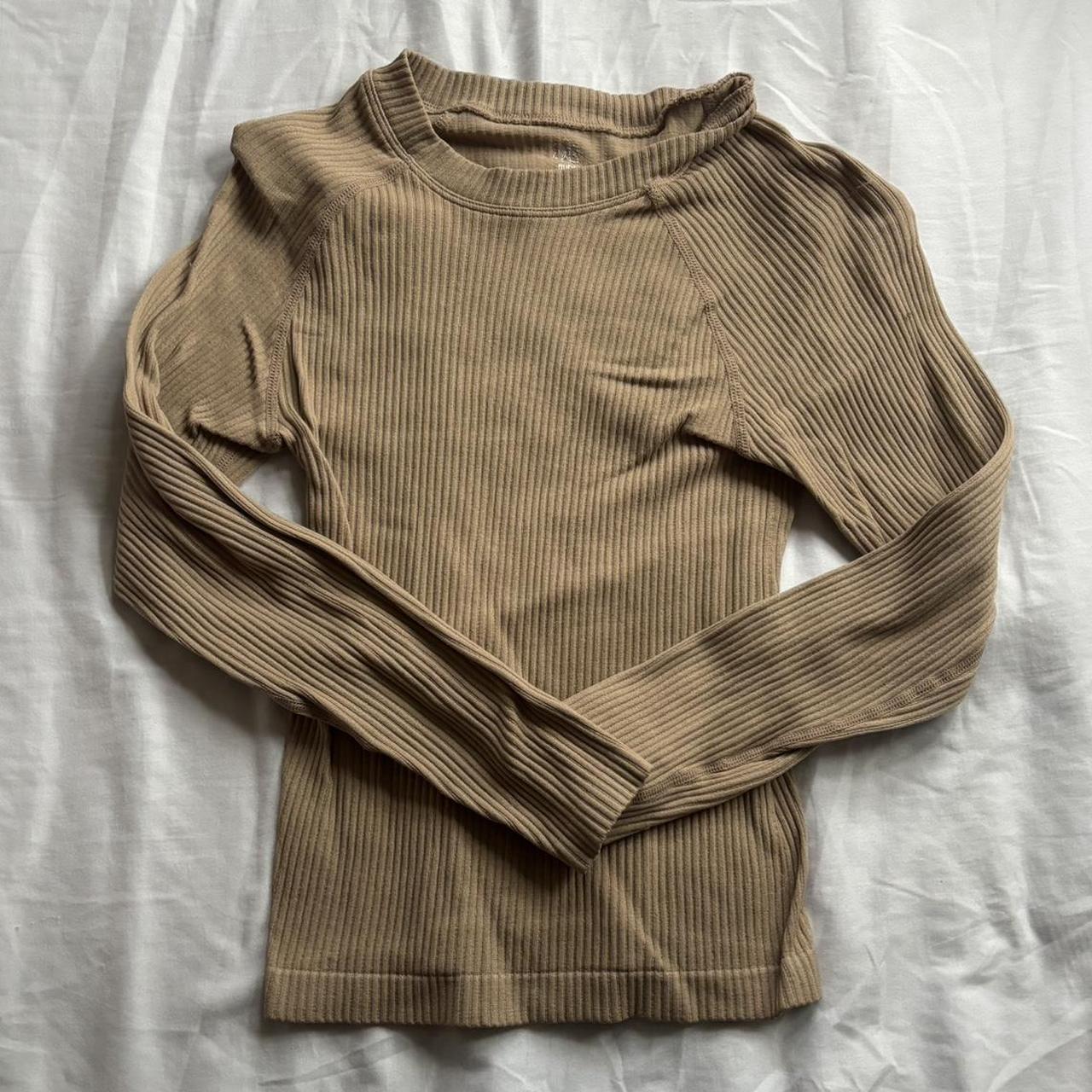 tan long sleeve shirt - ribbed material - size... - Depop
