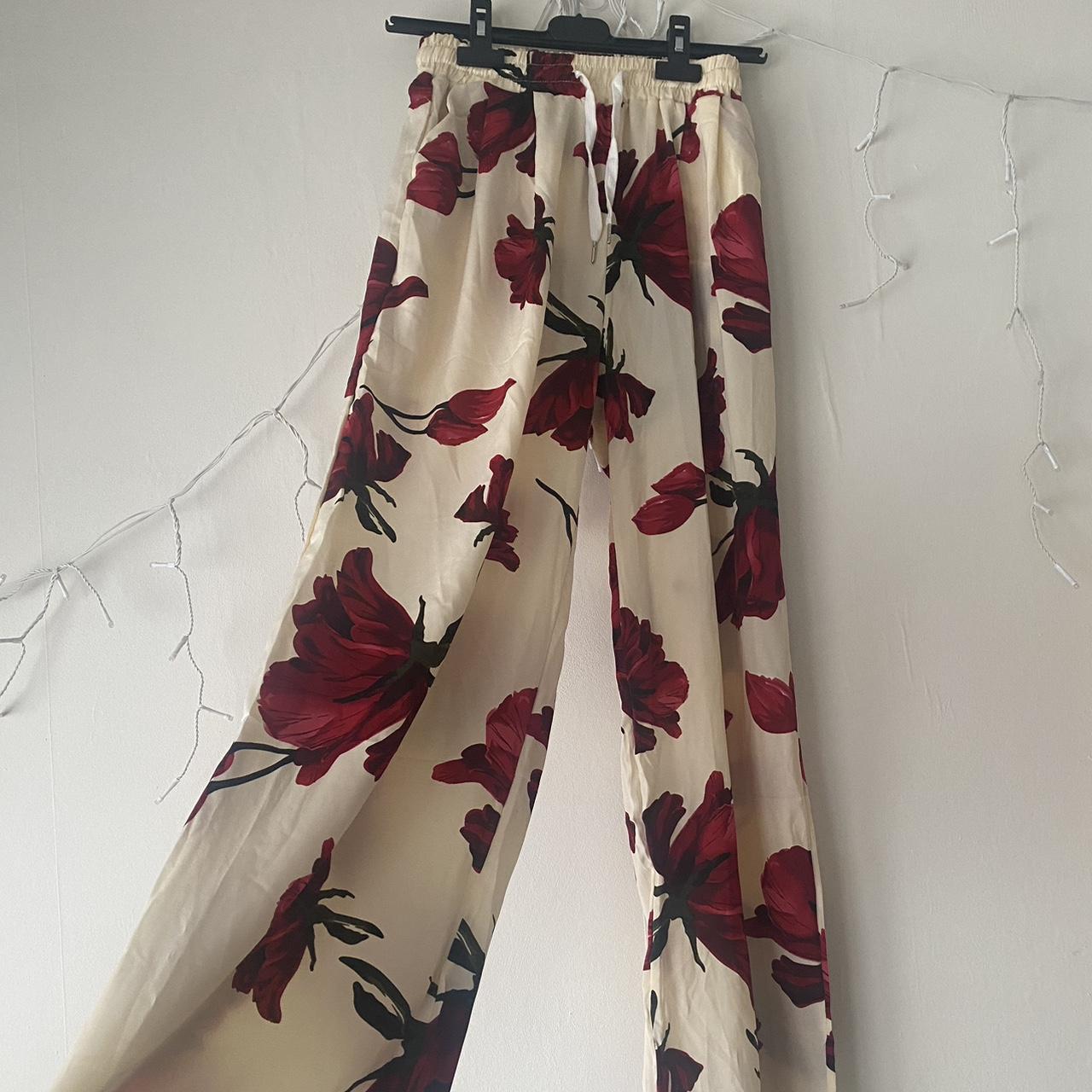 Cream coloured wide leg trousers Flowery trousers... - Depop