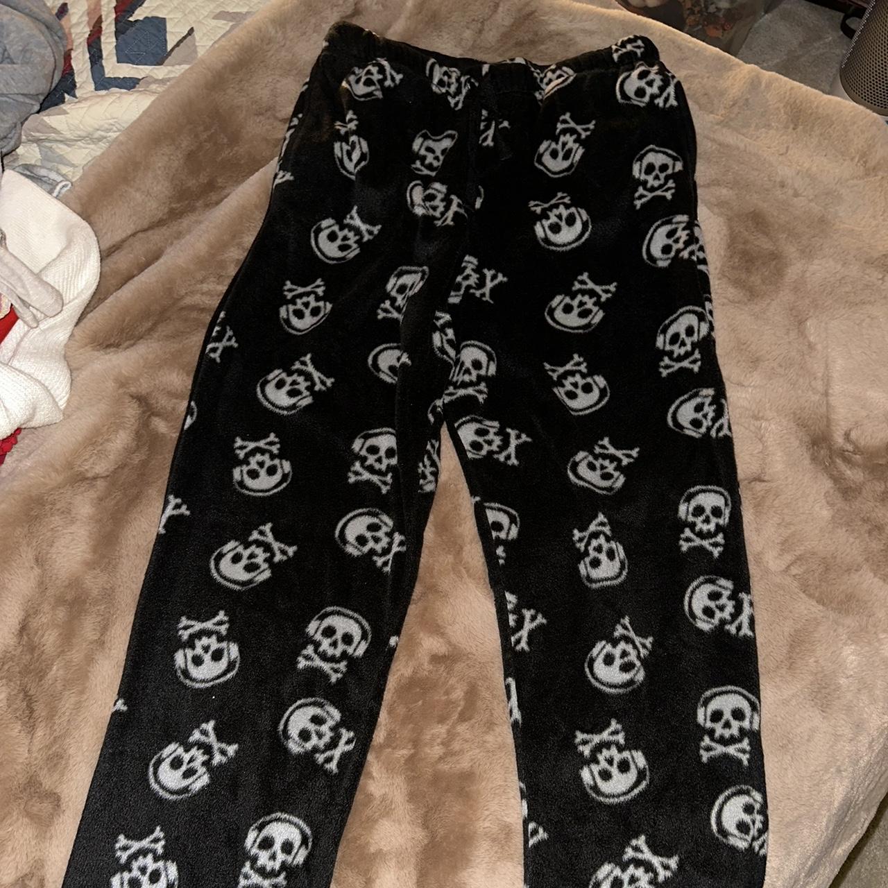 fuzzy skull pj pants. barely worn :) - Depop
