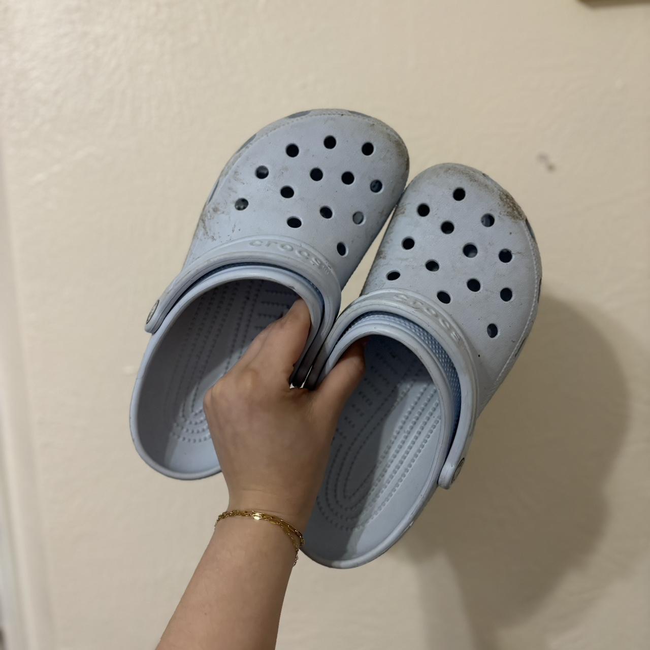 light blue used crocs 🐳 you can honestly clean these... - Depop