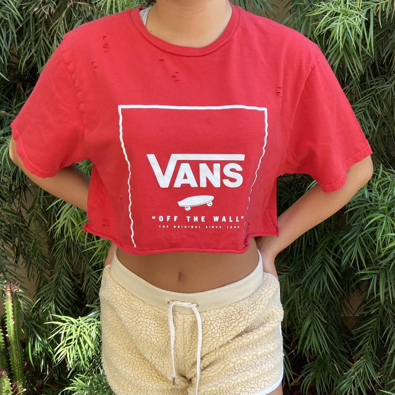 Vans Off The Wall Red Destroyed short sleeve cropped... - Depop