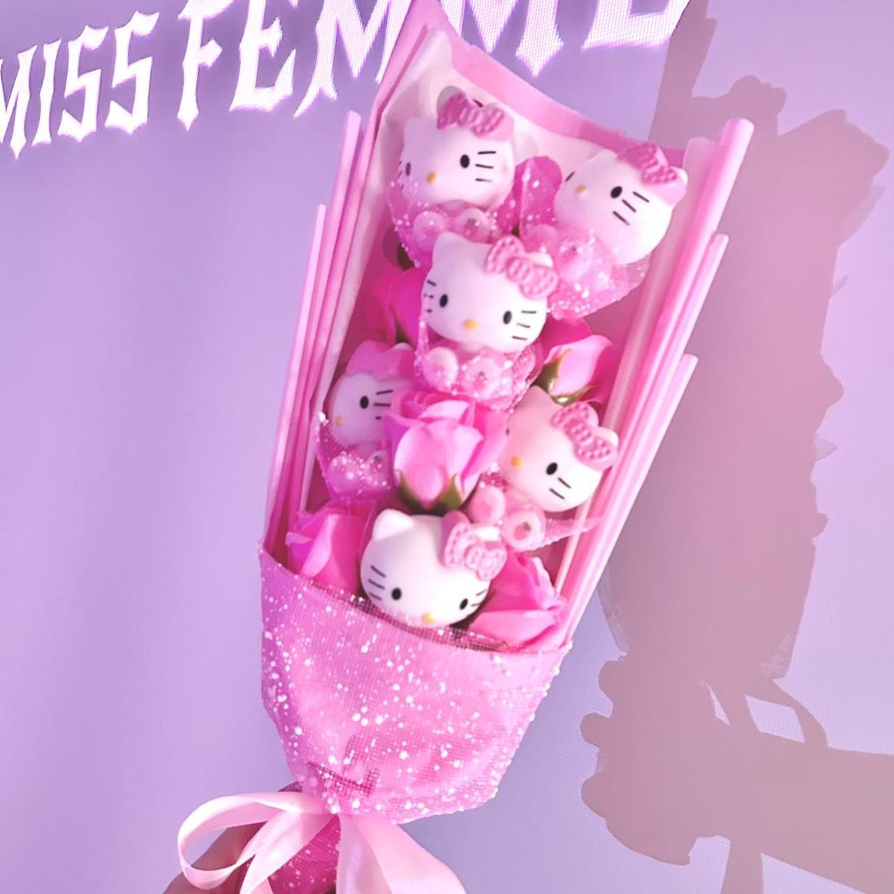 hello kitty pink + white wrapped faux bouquet.... - Depop