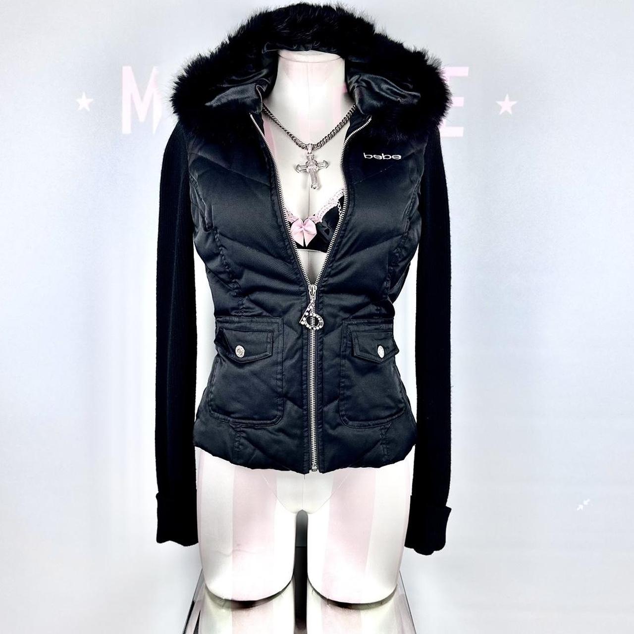 bebe black 2000’s puffer fitted jacket with a rabbit... - Depop